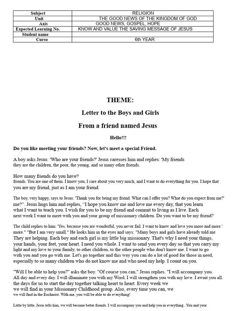 letter from Jesus to the children. 6th YEAR | PDF | Jesus | The Gospel