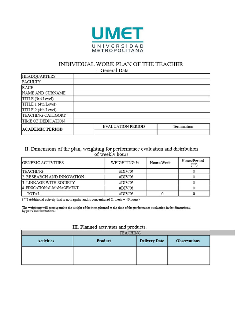 Teacher Individual Work Plan Template | PDF