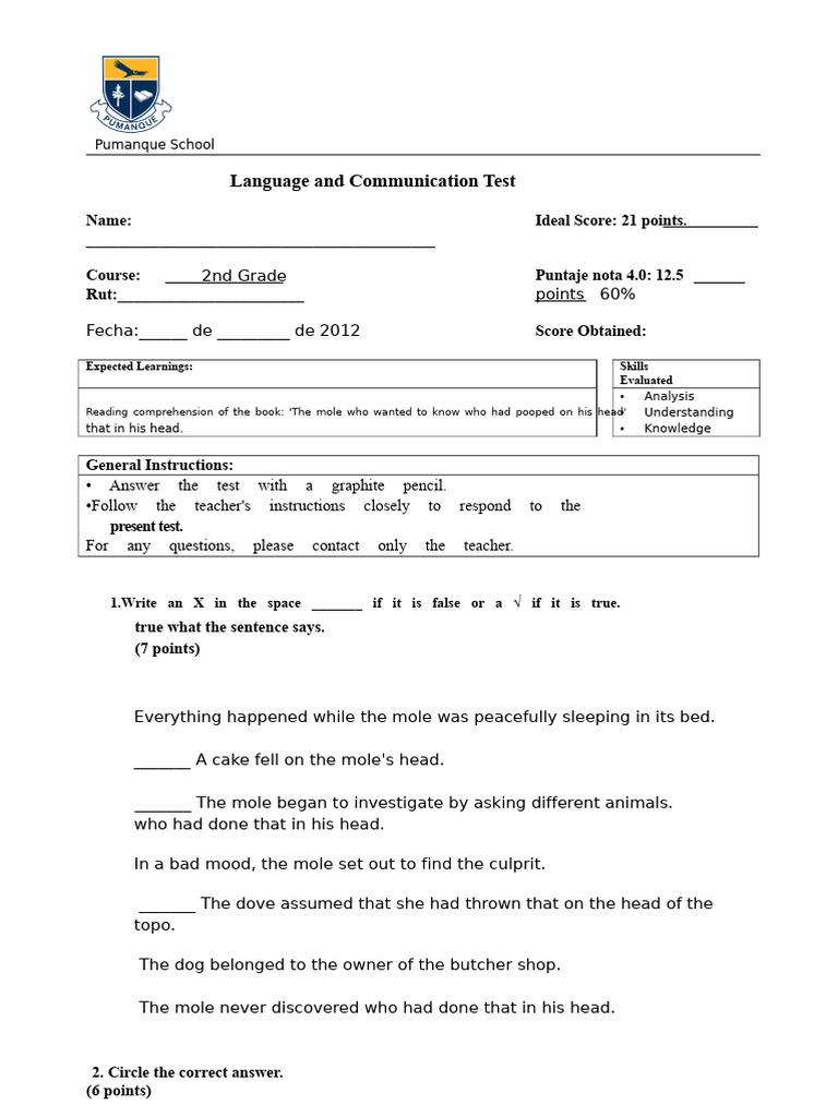 Reading Test The Mole... 2nd Grade | PDF | Reading Comprehension ...