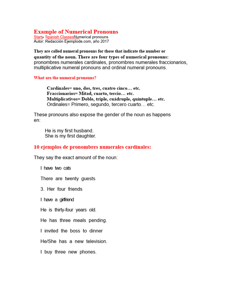 Example of Numerical Pronouns | PDF | Grammatical Gender | Vocabulary