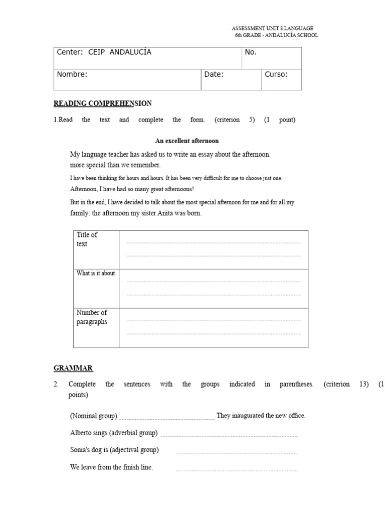 Assessment Topic 8 Language 6th Grade Primary | PDF | Adjective ...