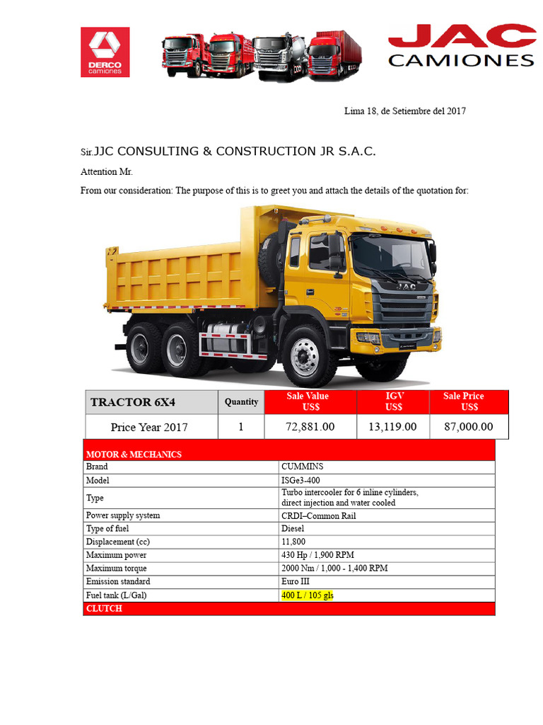 Dump truck Jac- 6x4 - 15 m3 - 430 Hp Jjc Consult. | PDF | Truck ...
