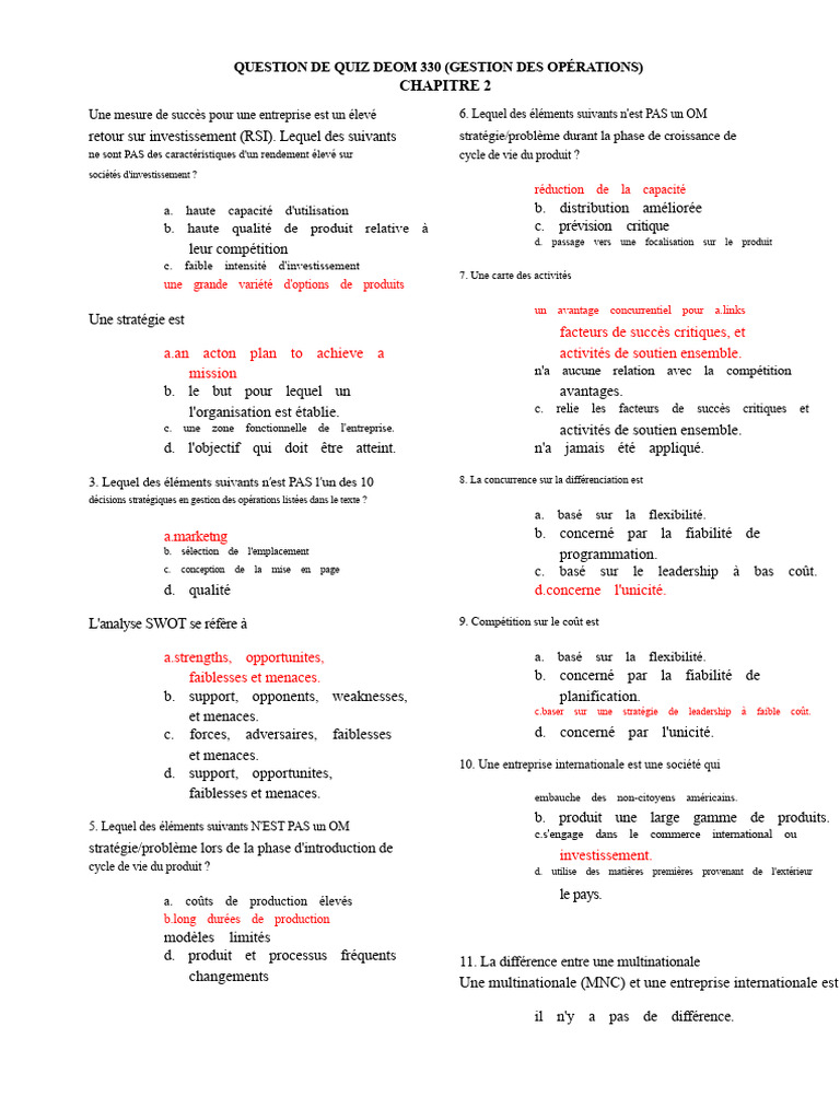 Quiz sur la Gestion des Opérations DEOM 330 | PDF | Société ...