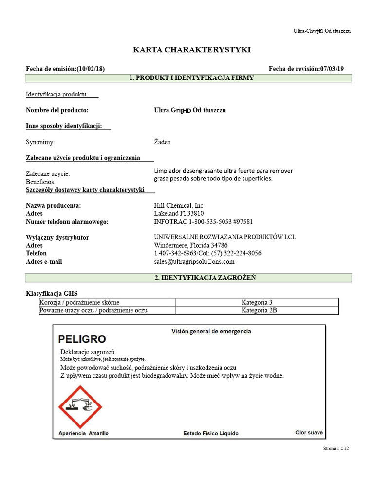 Karta Bezpieczeństwa - MSDS ULTRA GRIP HD | PDF