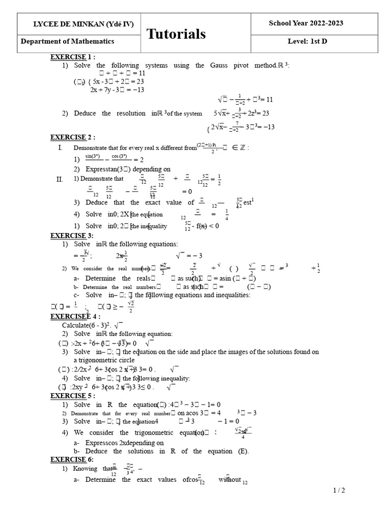MATHS TD SHEET (1st D) (TRIGONOMETRY) | PDF | Trigonometry | Equations