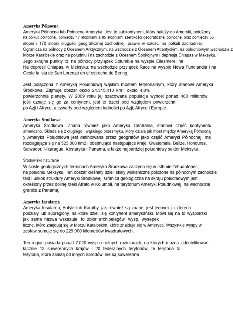 Ameryka Północna, Środkowa, Wyspowa I Południowa | PDF