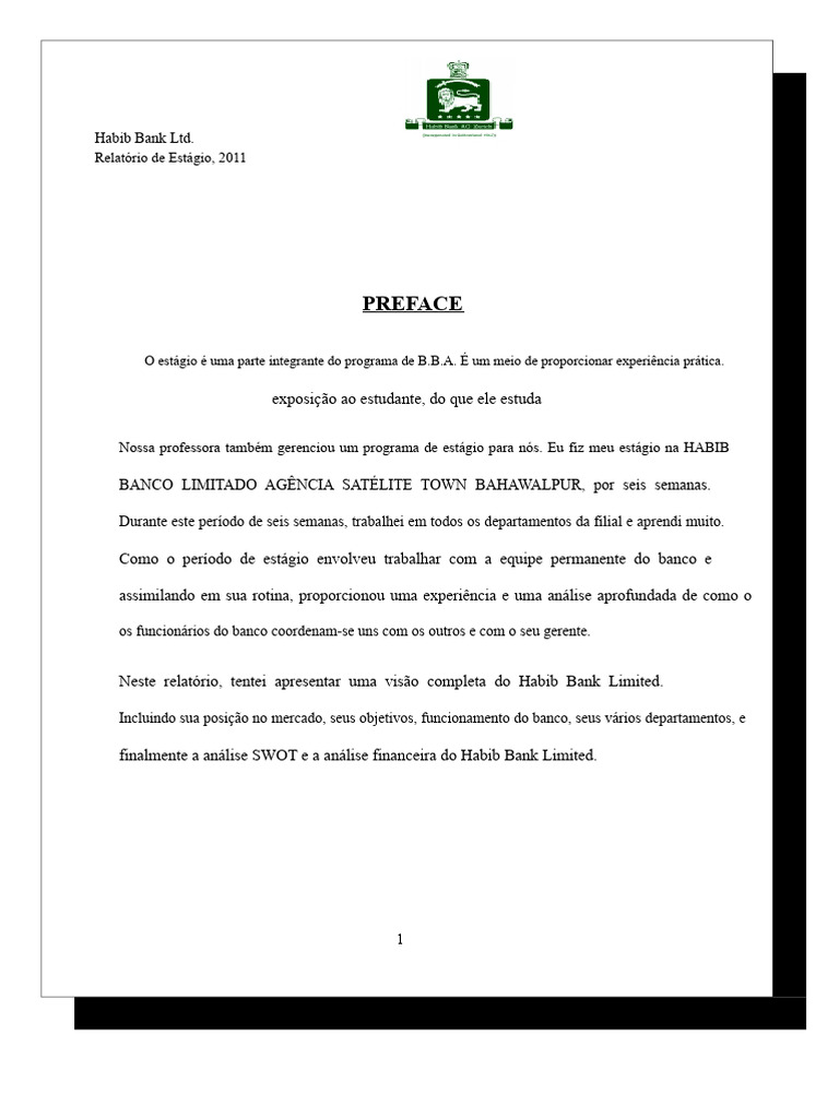 Relatório de Estágio no Habib Bank Ltd. | PDF | Bancos | Cheque (banco)