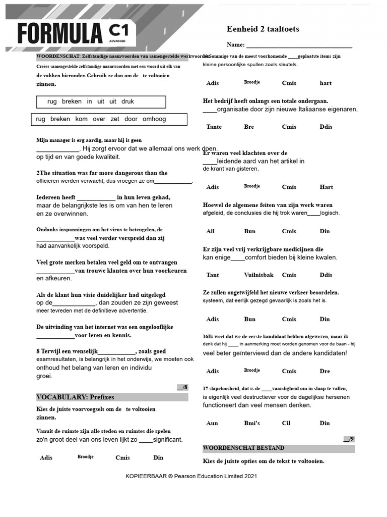 Formule C1 Eenheid 2 Toets | PDF