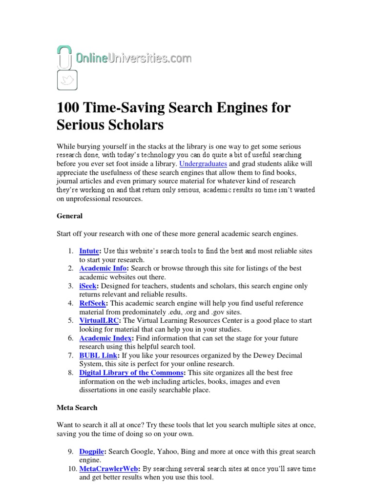 100 Time-Saving Search Engines For Serious Scholars | PDF | Web Search ...