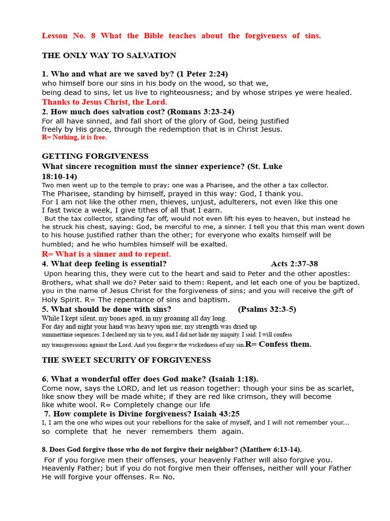 Lesson 8. The Forgiveness of Sins. | PDF | Forgiveness | Sin