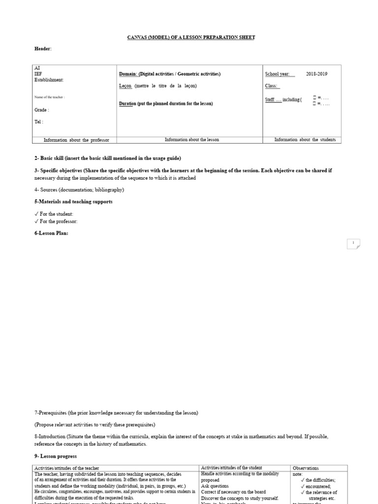 Lesson Preparation Sheet Template | PDF | Educational Assessment | Teachers