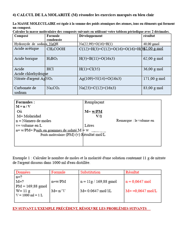 Calculs Molarité | PDF | Concentration molaire | Atomes