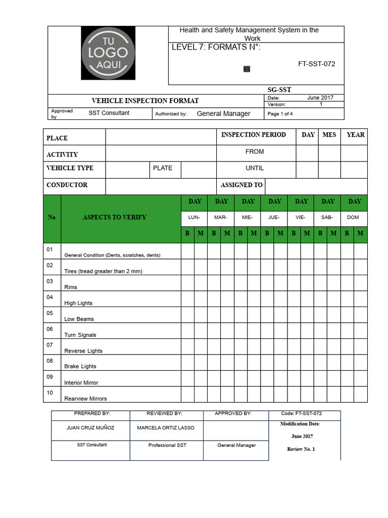 11 FT SST 072 Vehicle Inspection Format | PDF | Vehicles | Automotive Industry