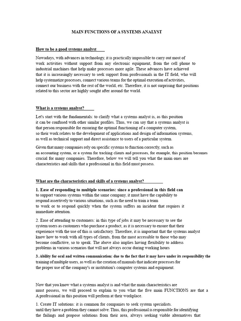 Characteristics, Skills, and Functions of A Systems Analyst | PDF ...