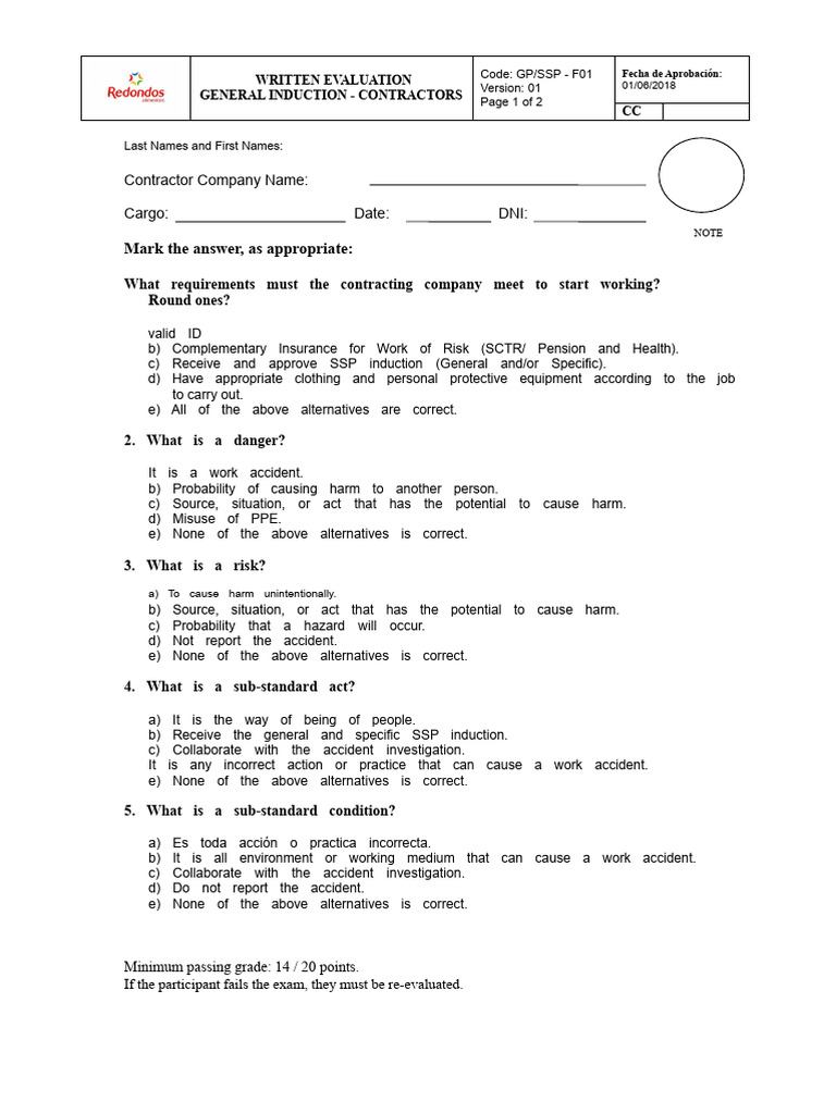 Contractor General Induction Evaluation | PDF | Personal Protective ...