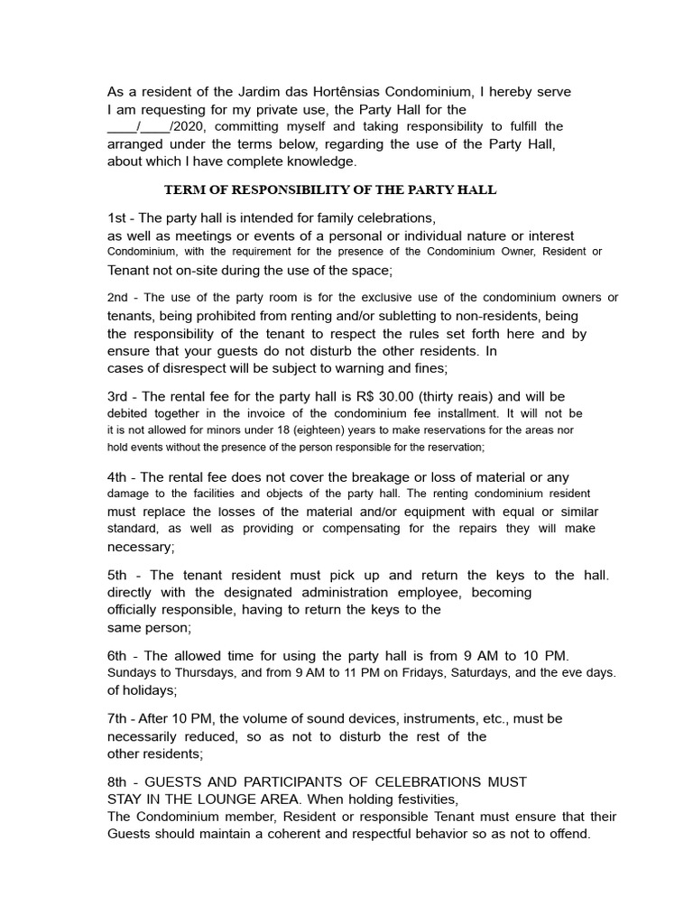 Responsibility Term Party Hall | PDF | Condominium | Lease