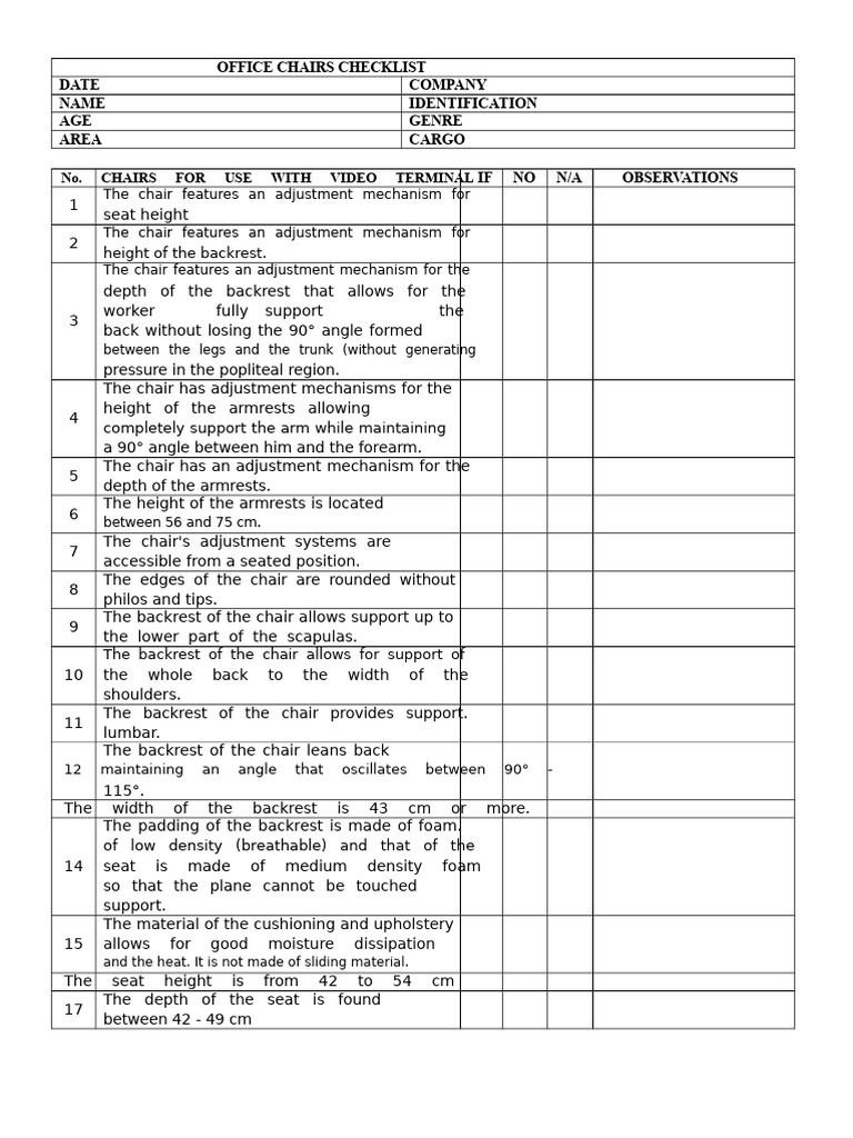 Office Chairs Checklist | PDF | Chair | Manufactured Goods
