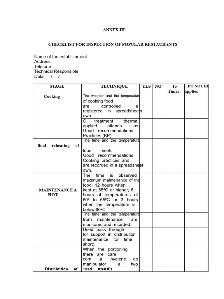 ANNEX III Restaurant Check List | PDF | Hygiene | Bathroom