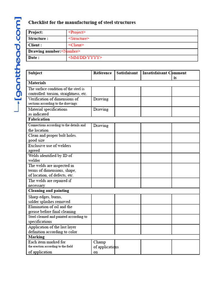 Steel Structure Manufacturing Checklist | PDF