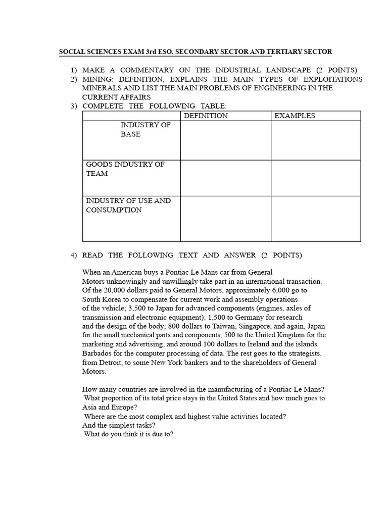 Social Studies Exam 3RD Eso Economic Sectors | PDF