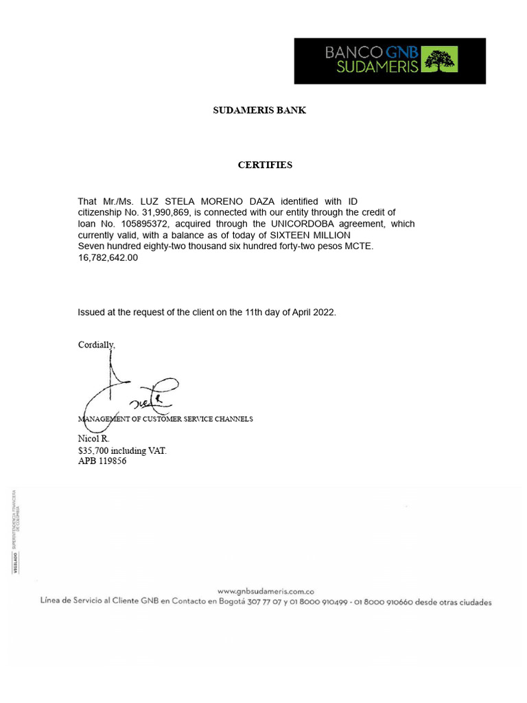 Loan Certification for Luz Stela Moreno | PDF