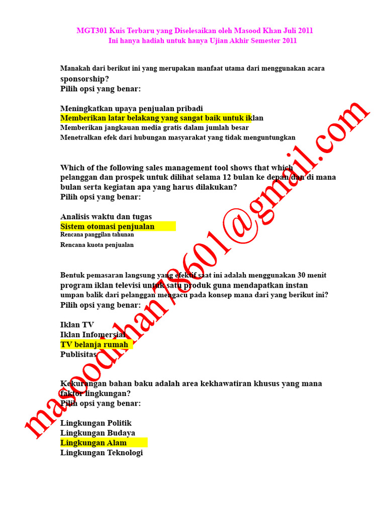 Kuis MGT301: Ujian Akhir 2011 oleh Masood Khan | PDF