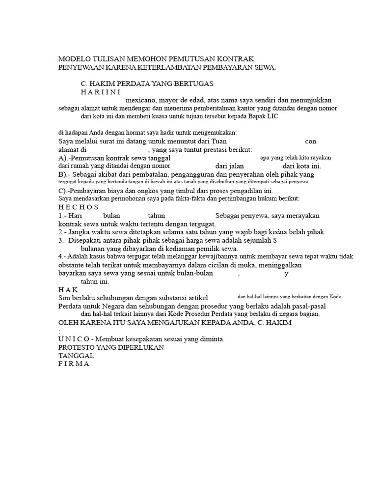 Model Tulisan Yang Mendorong Pembatalan Kontrak Sewa | PDF