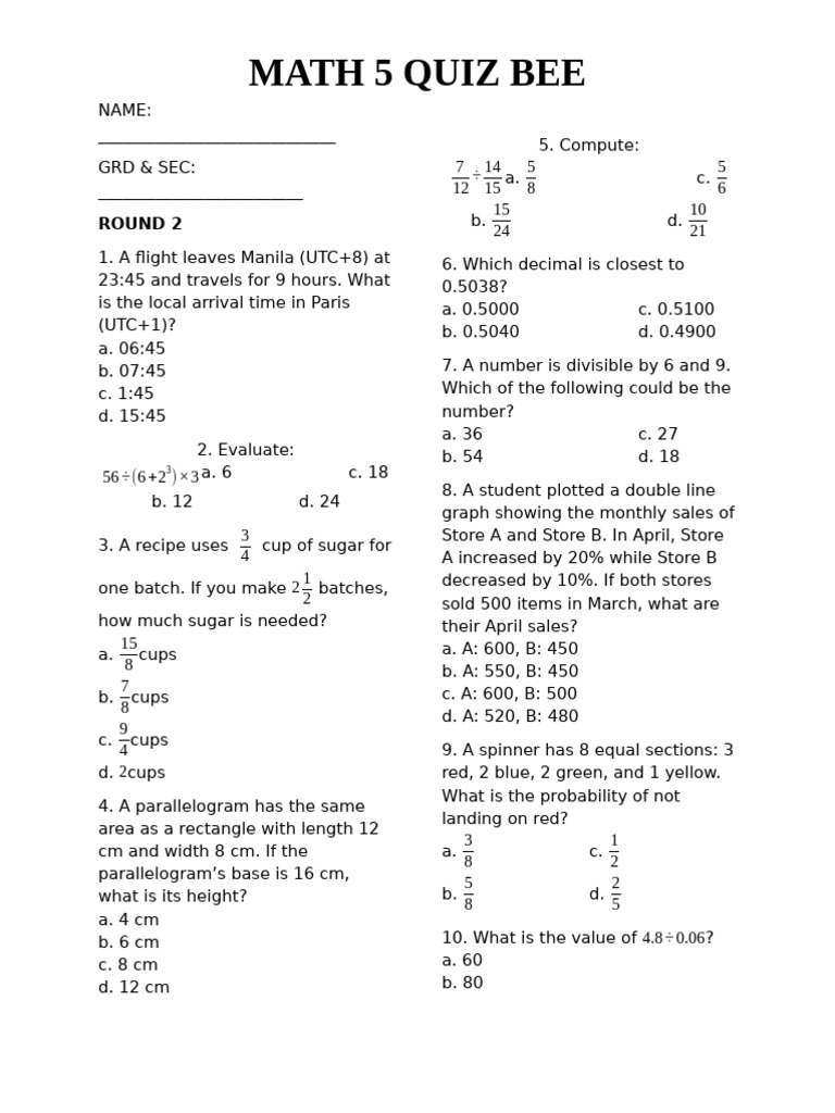 Math 5 Quiz Bee Questions & Answers | PDF | Chess Openings | Chess Theory