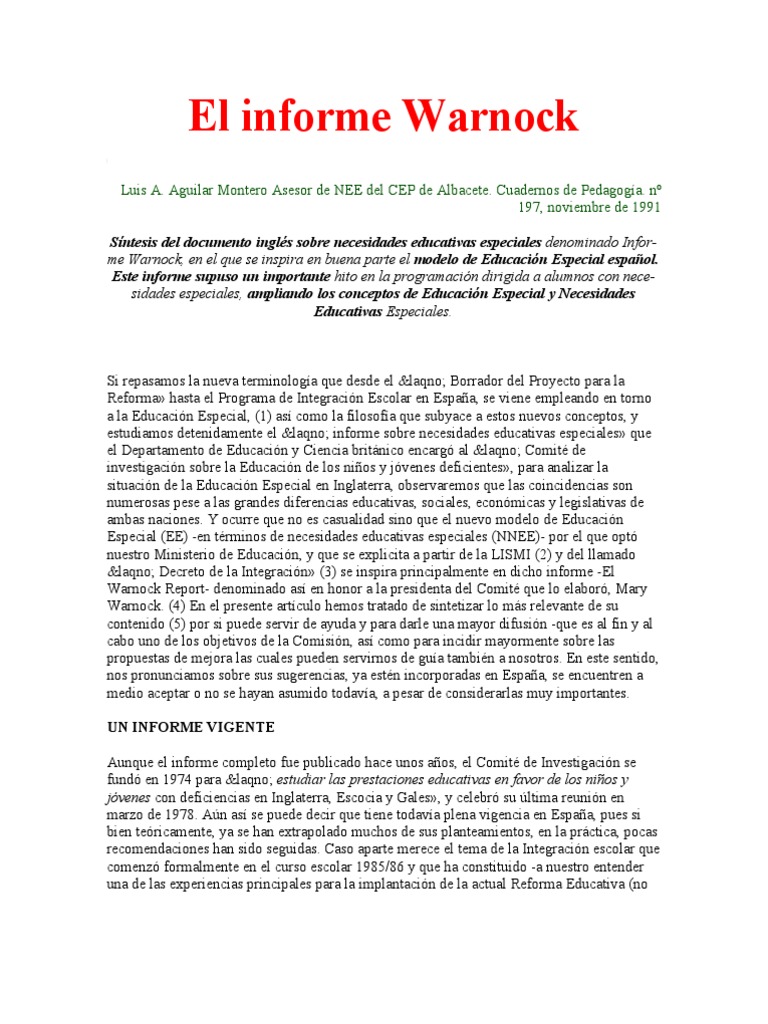 El informe Warnock | Educación especial | Maestros