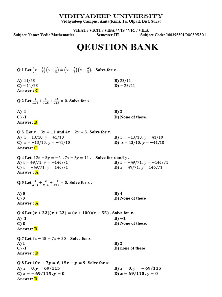 Vedic Mathematics (000395301) Question Bank | PDF | Elementary ...