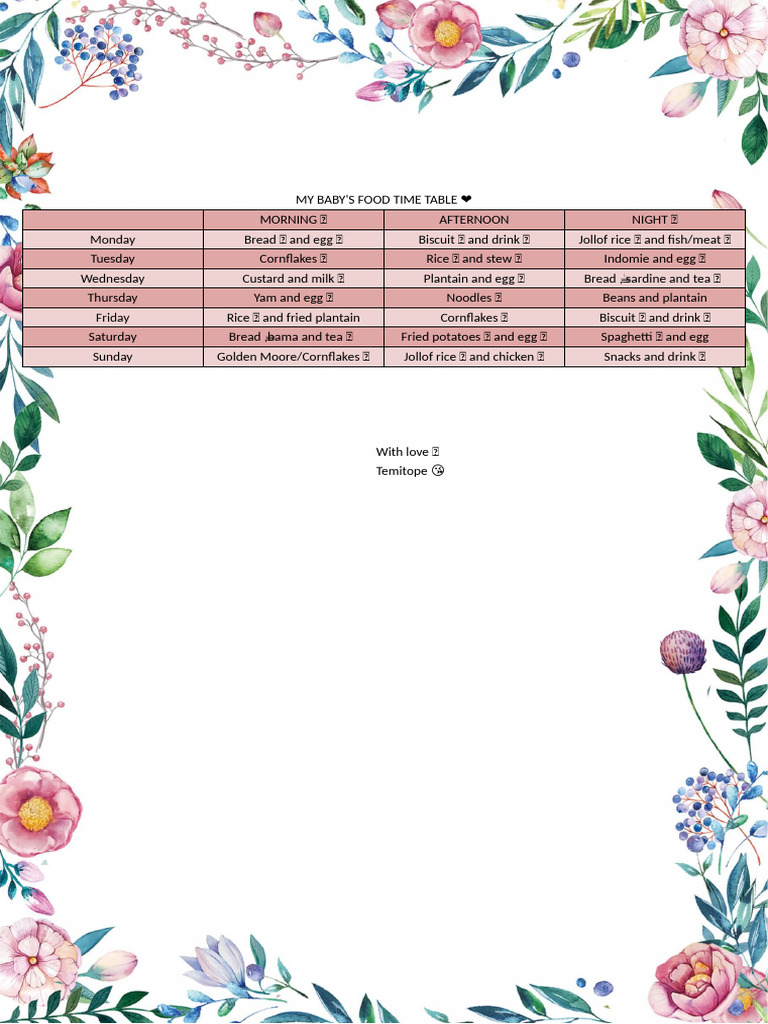 My Baby's Food Time Table | PDF