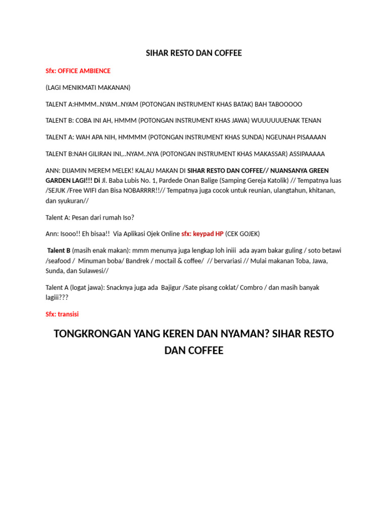 Sihar Resto: Kuliner Beragam dan Nyaman | PDF