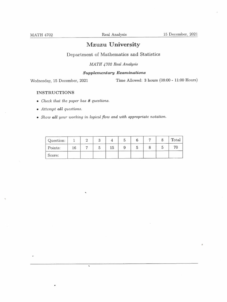 MATH 4702 Real Analysis Supplementary Examinations December 2021 | PDF