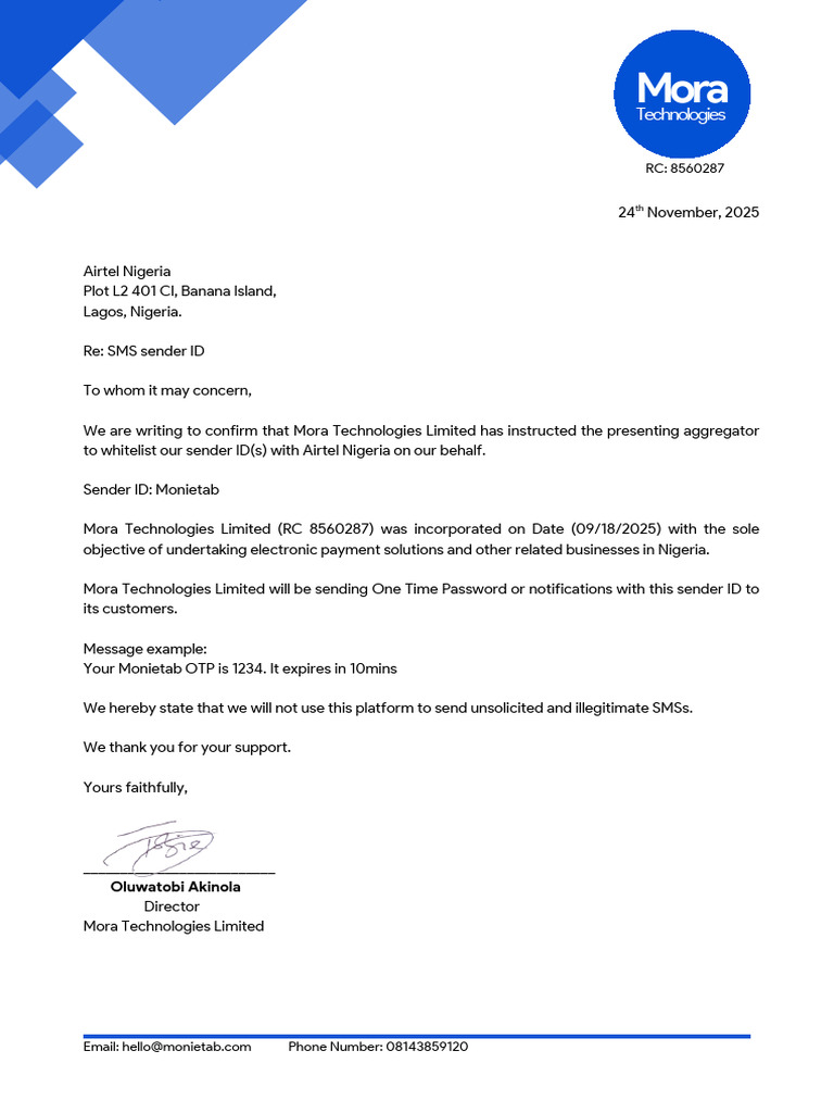 Mora Technologies SMS Sender ID Whitelist | PDF