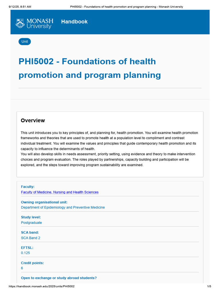PHI5002 - Foundations of Health Promotion and Program Planning - Monash ...