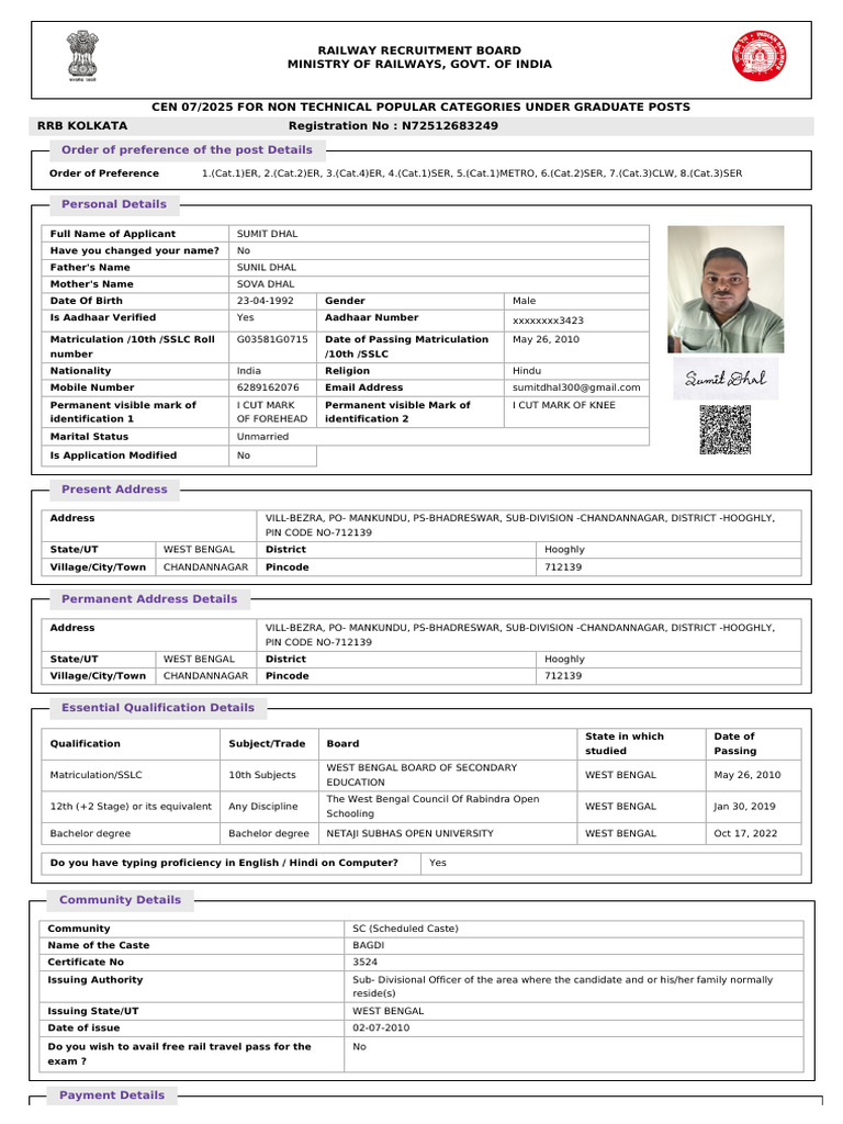 Order of Preference of The Post Details: Railway Recruitment Board ...