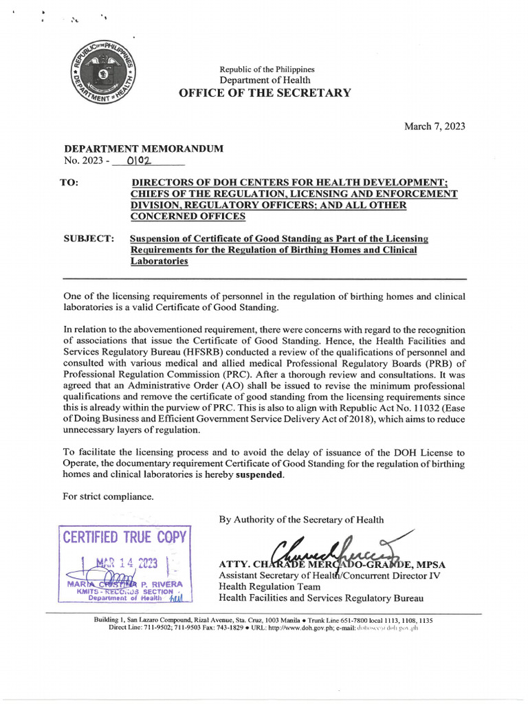 DOH Memorandum 2023-0102 Suspension of Certificate of Good Standing As ...