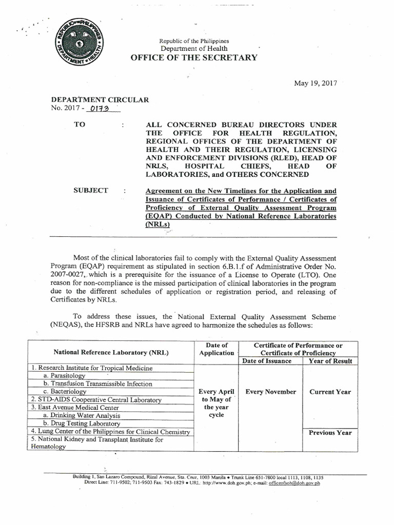 DOH Circular 2017-0173 Schedule of EQAS Application | PDF