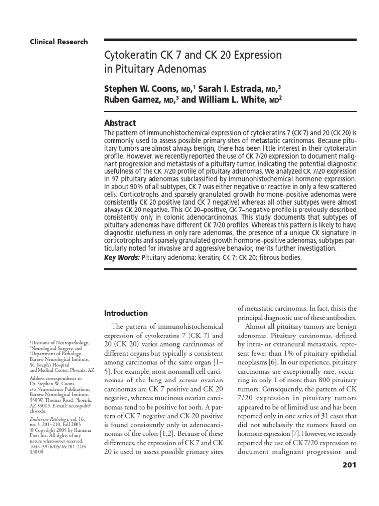 Cytokeratin CK 7 and CK 20 Expression in Pituitary Adenomas | PDF ...