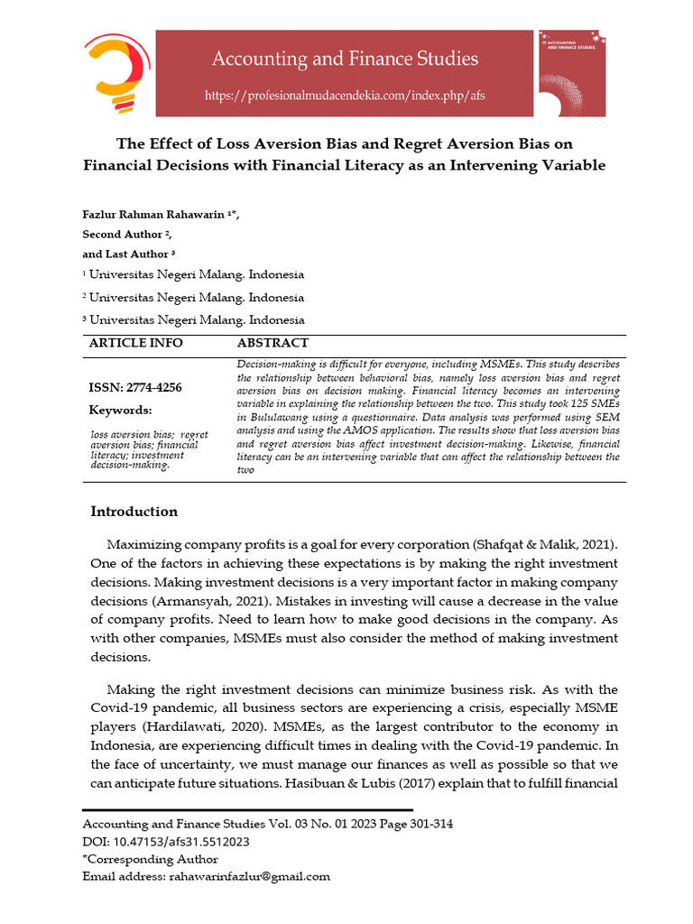 The Effect of Loss Aversion Bias and Regret Aversi | PDF | Decision ...