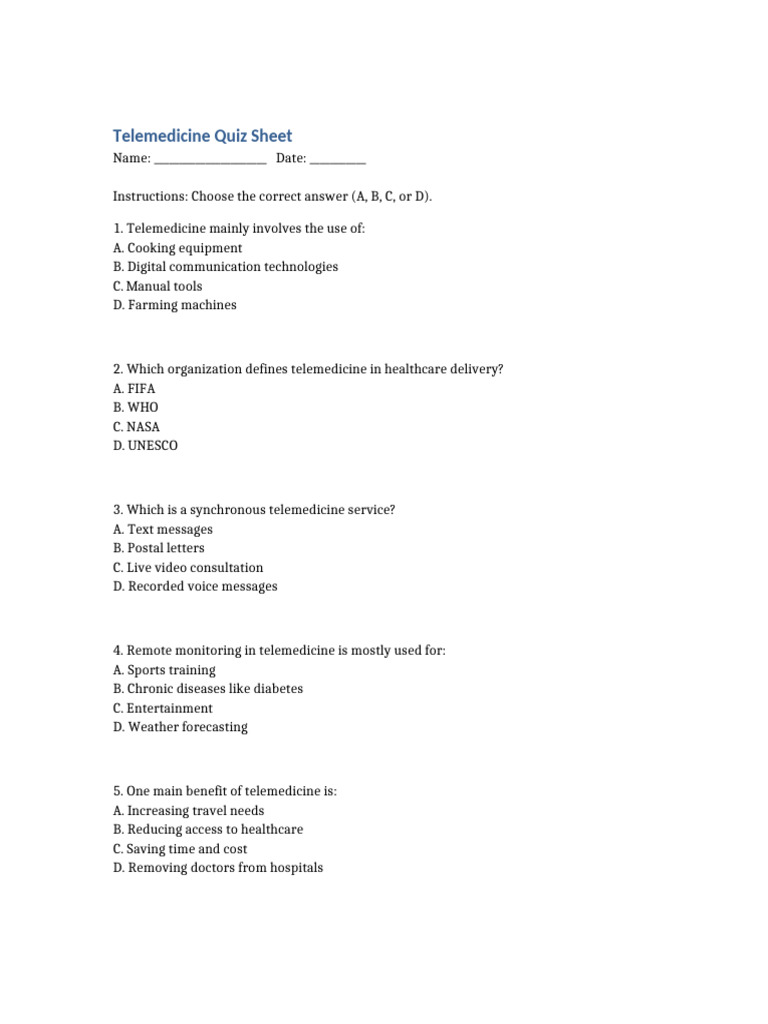 Telemedicine Quiz Sheet | PDF | Electronic Health Record | Public Services
