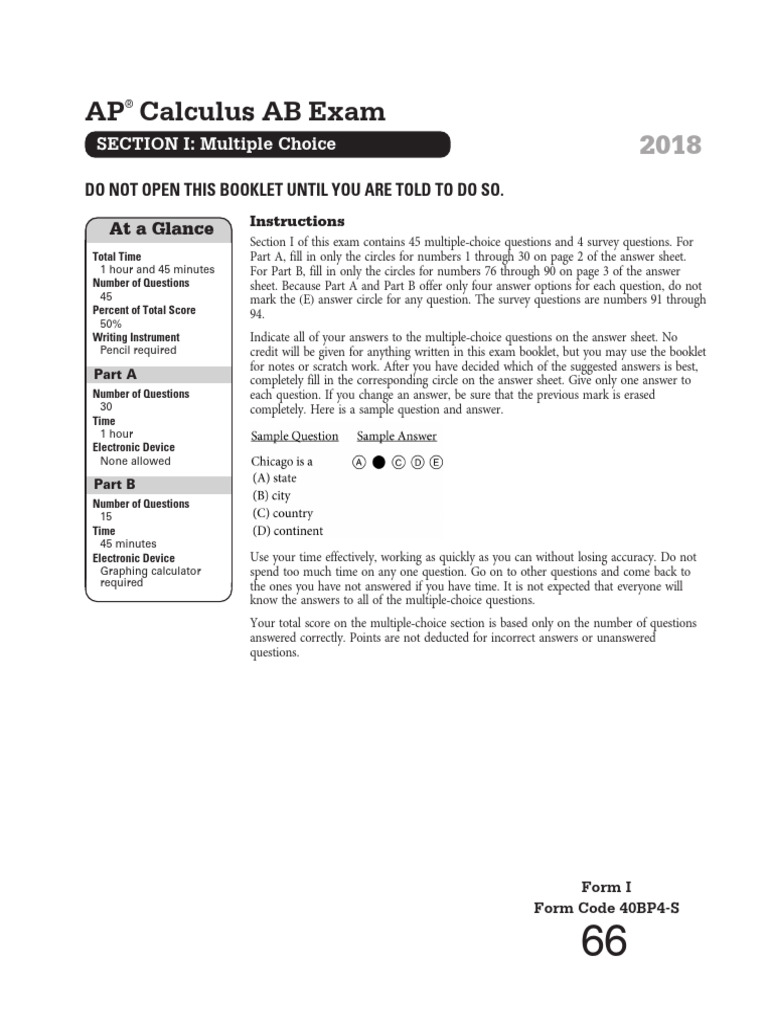 2018 Full Exam CB AP Calc AB | PDF | Multiple Choice | Function ...