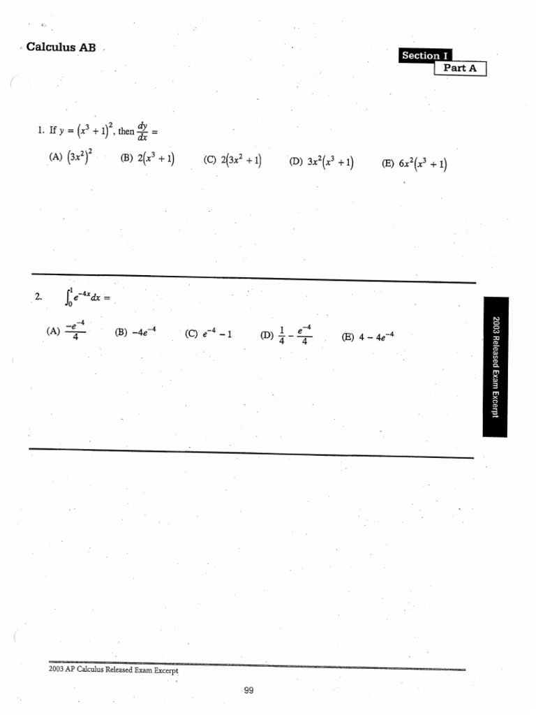 2003 Mcqs Part A CB AP Calc Ab | PDF