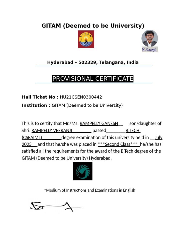 GITAM B.Tech Provisional Certificate | PDF