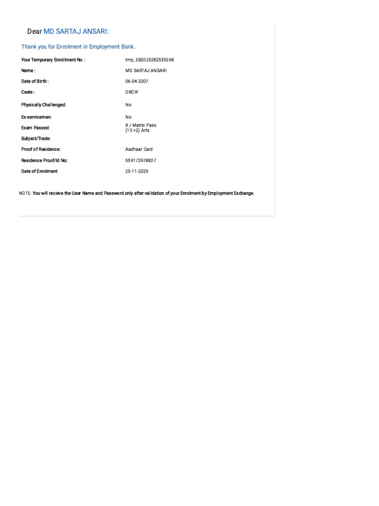 Employment Bank Enrollment Confirmation | PDF