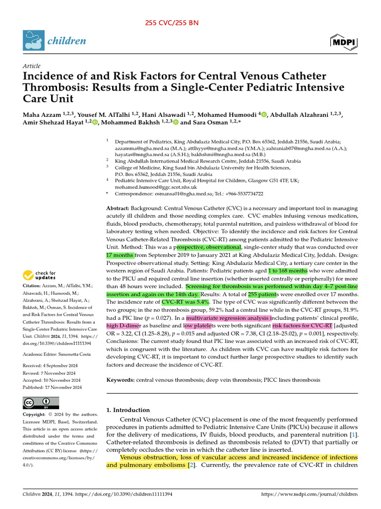 Incidence of and Risk Factors For Central Venous Catheter Thrombosis Results From A Single ...