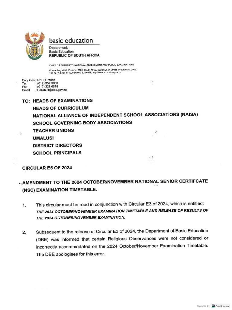Circular E5 of 2024 Amendment To The 2024 Oct-Nov NSC Examination ...