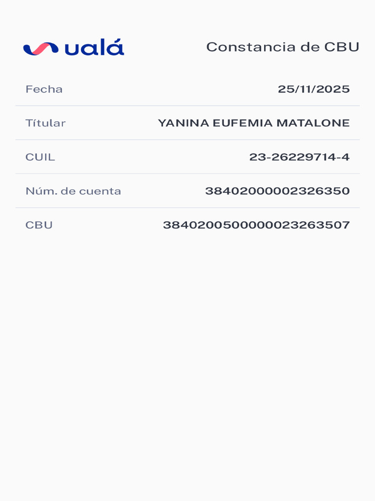 Constancia de Cbu - Yanina Eufemia Matalone | PDF