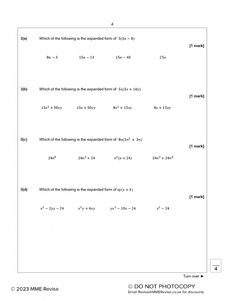 Expanded Algebraic Expressions Quiz | PDF