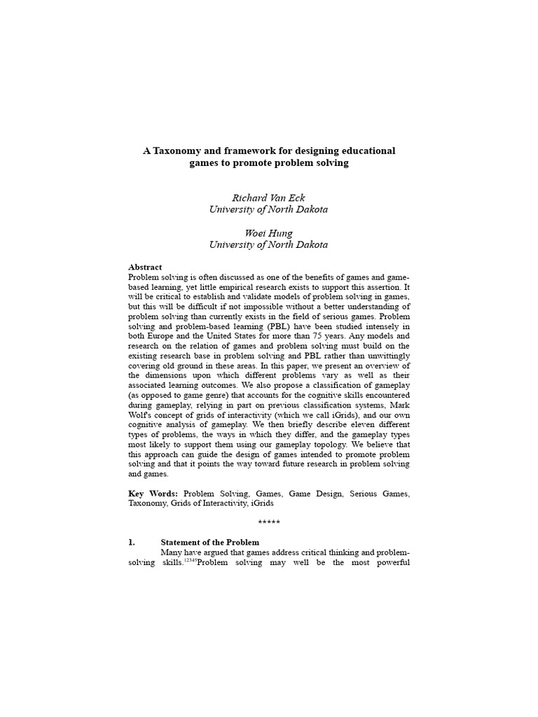 A Taxonomy and Framework For Designing Educational Games To Promote Problem Solving. Richard Van ...